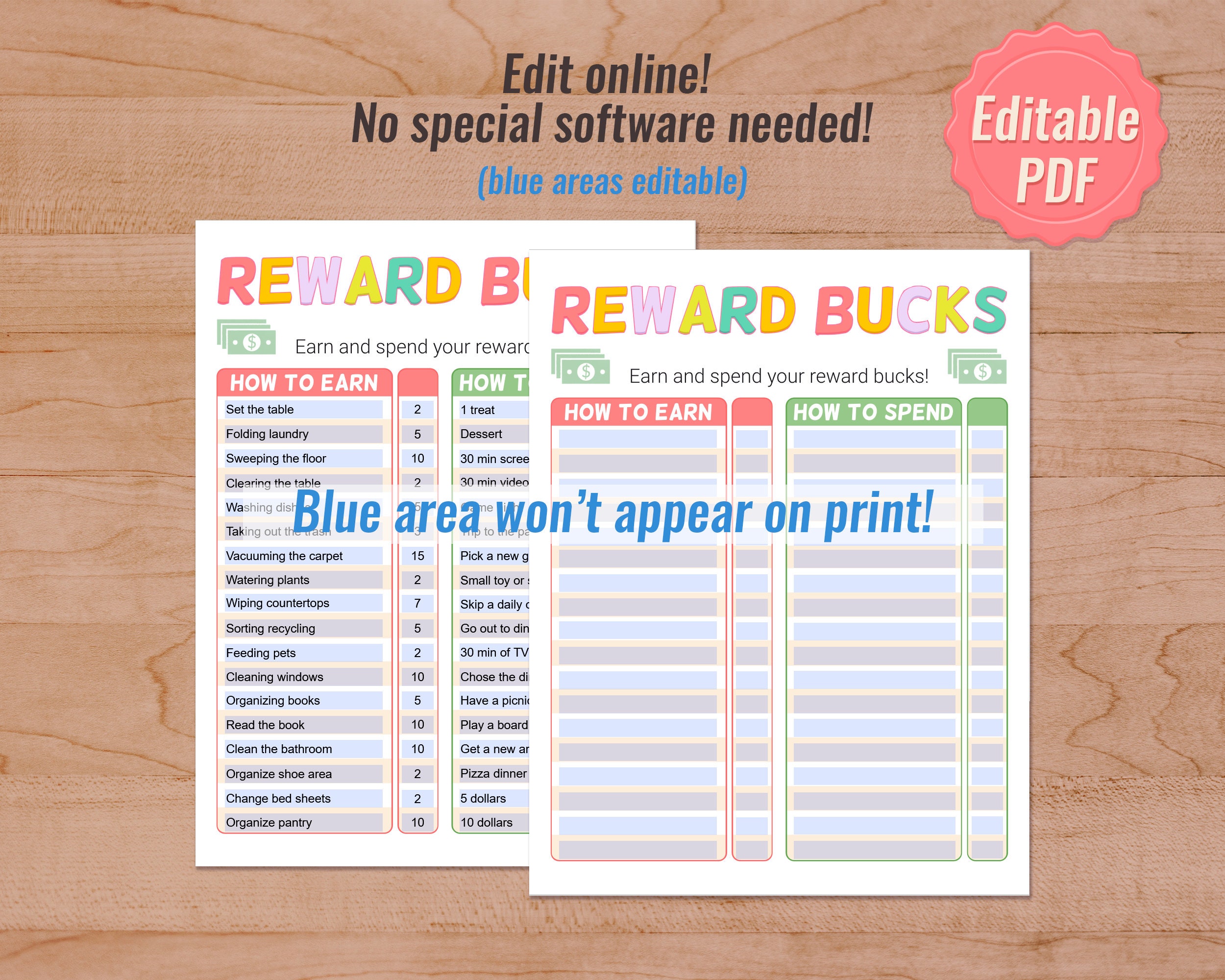 Editable Kids Reward Bucks,kids Money Chart, Allowance Tracker, Earn ...