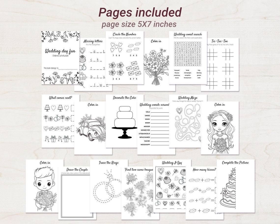 Kids Activity Pages Wedding, Wedding Busy Book, Wedding Coloring, Kids ...