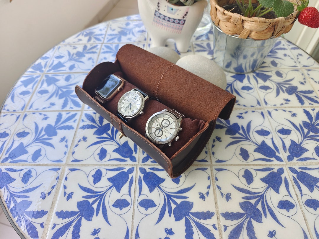 Personalized Engraving Cowhide Leather Travel Watch Case Roll Organizer ...