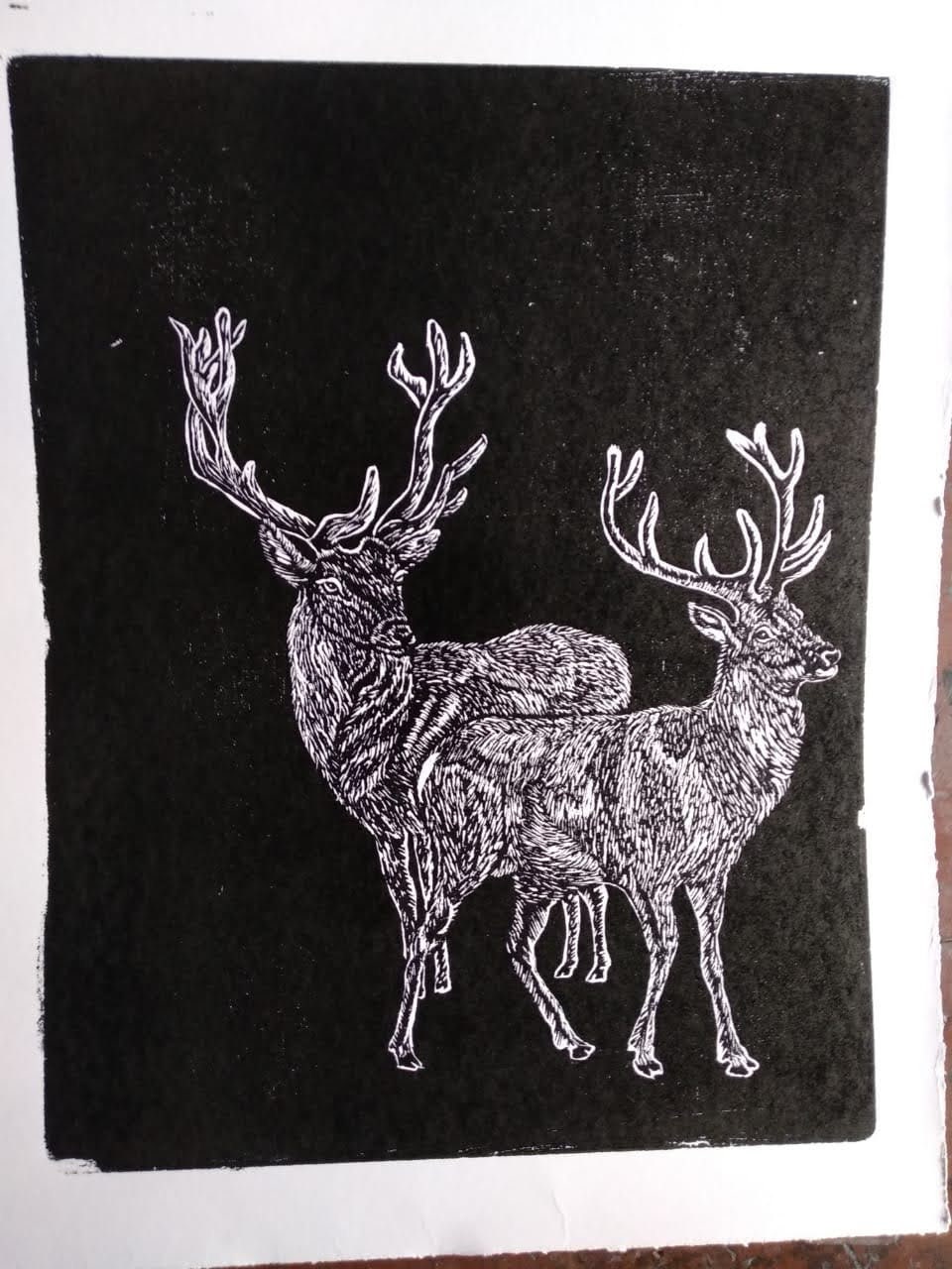 Deer Painting in Woodcut Design for Wall Hanging Wall - Etsy