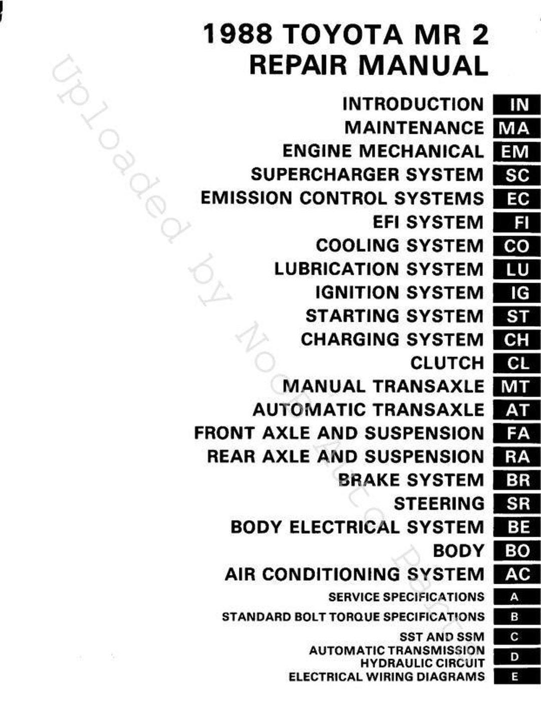 1988 TOYOTA MR2 AW11 REPAIR MANUAL Workshop Download - Etsy