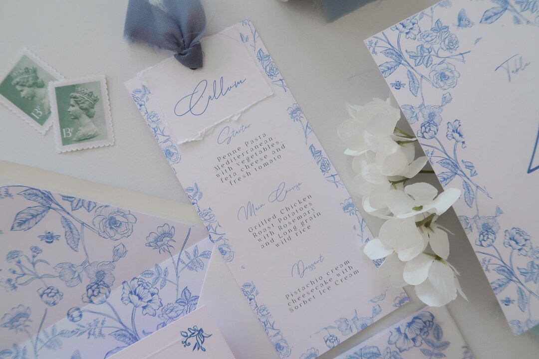 Blue French Toile Wedding Menu / Table Place Name / Garden Theme ...