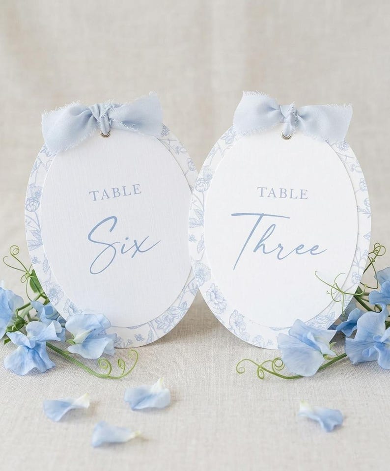 Light Blue Wedding Table Numbers With Ribbon | Oval Toile Dusty Blue ...