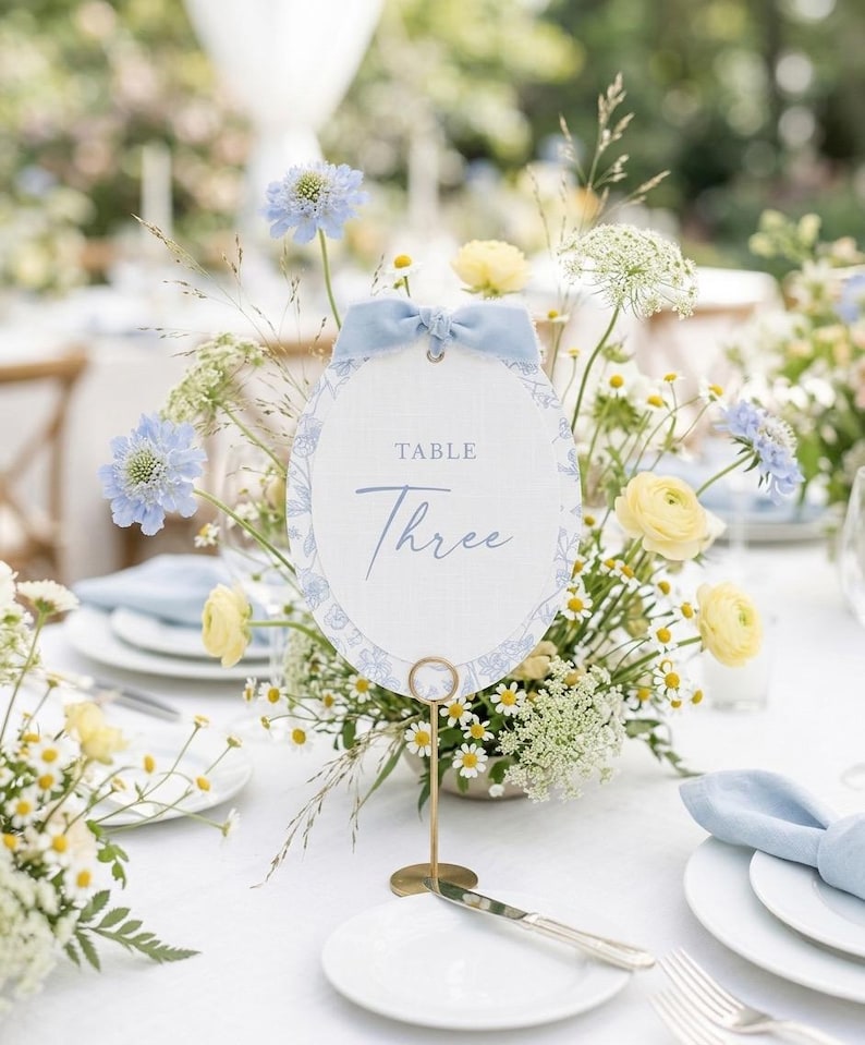 Light Blue Wedding Table Numbers With Ribbon | Oval Toile Dusty Blue ...