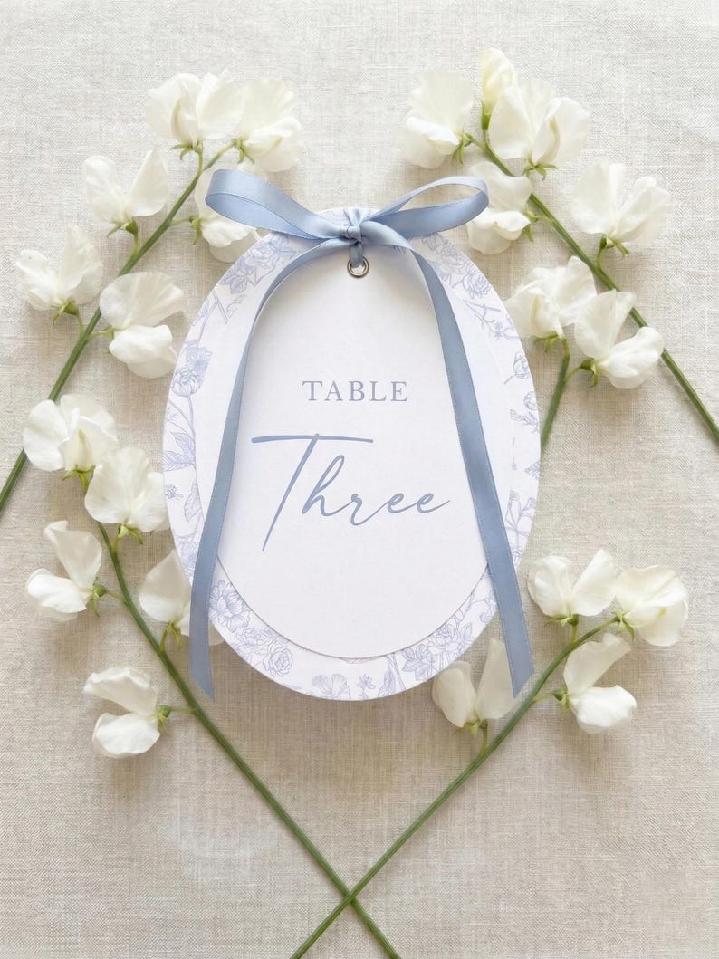 Blue Toile Wedding Table Numbers With Satin Bow | Oval Dusty Blue ...