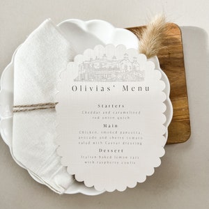 Custom Venue Neutral Wedding Menu / Scalloped Unique Stationery Sketch ...