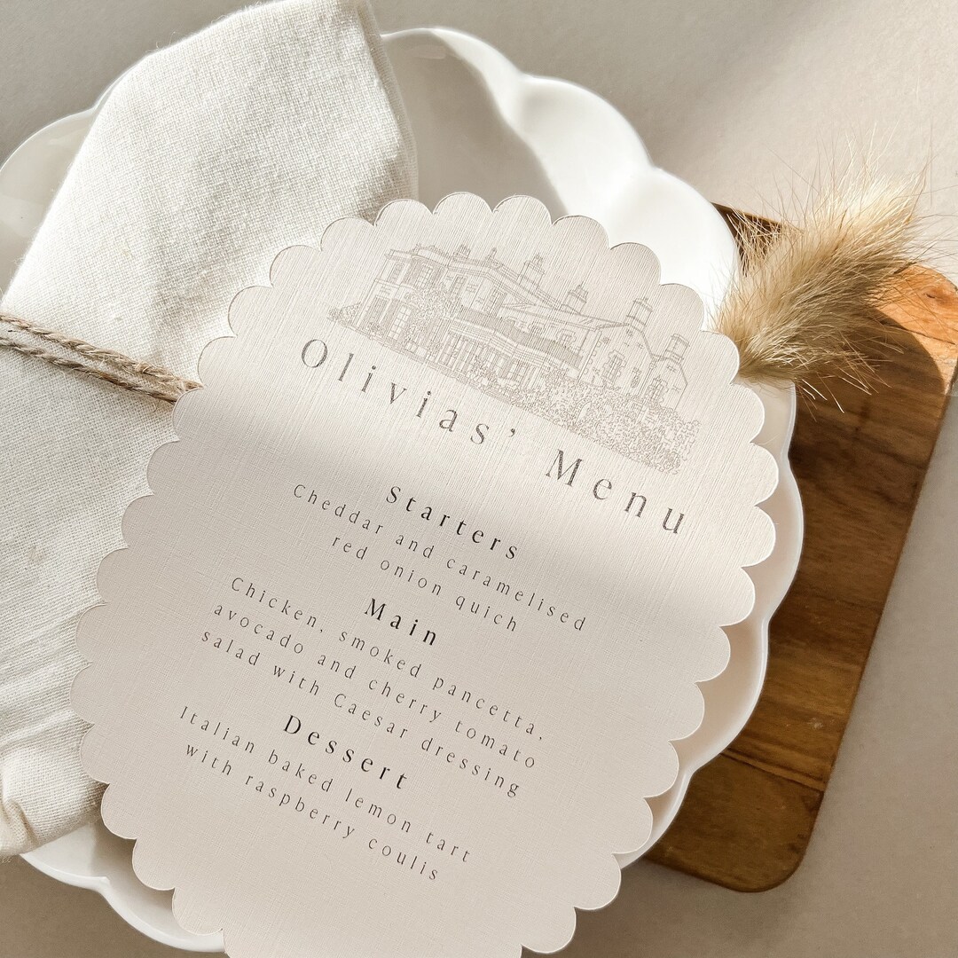 Custom Venue Neutral Wedding Menu / Scalloped Unique Stationery Sketch ...