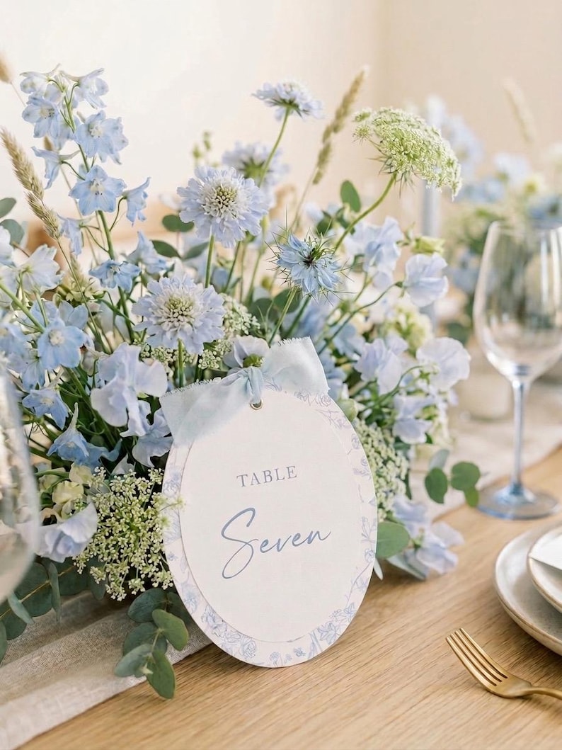 Light Blue Wedding Table Numbers With Ribbon | Oval Toile Dusty Blue ...