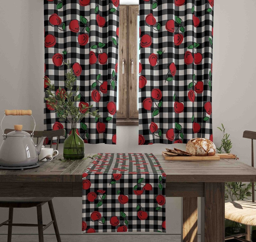 Cherry Motif Decorative Drapes, Checkered Fruit Design Curtain, Red ...