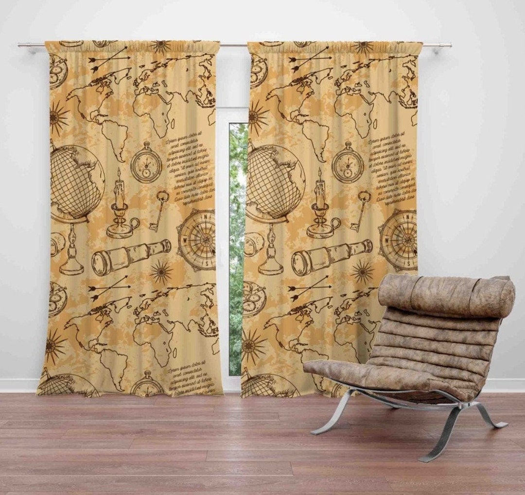 World Map Design Drapes, Chic Candle Style Drape, Beige Ocean Life Cafe ...
