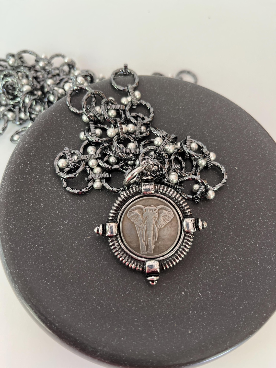 Necklace Elephant Medallion Coin With Dark Burnished Silver Alloy Chain ...