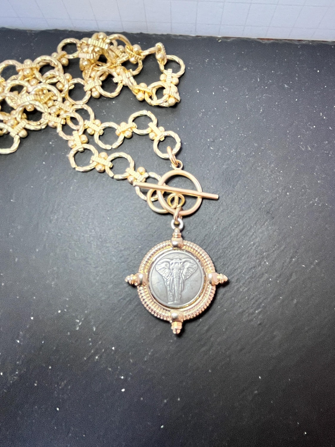 Necklace Elephant Medallion Coin With Gold Alloy Chain Toggle Closure ...