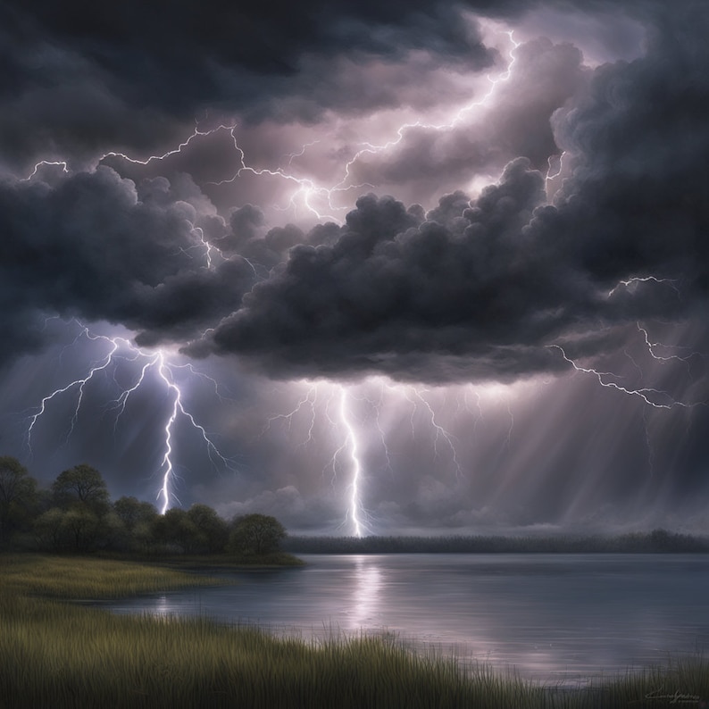 5 Digital Paintings of Thunderstorms Over Ponds_ai Generated - Etsy