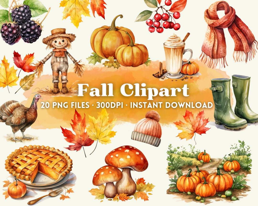 Fall Watercolor Clipart Bundle, 20 Pngs, Autumn Graphics, Clip Art ...