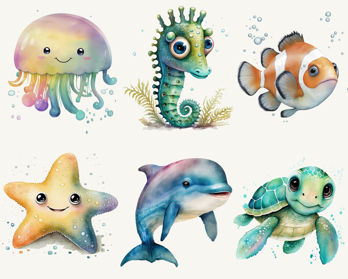 Sea Animals Watercolor Clipart Bundle, 12 Pngs, Transparent Background ...