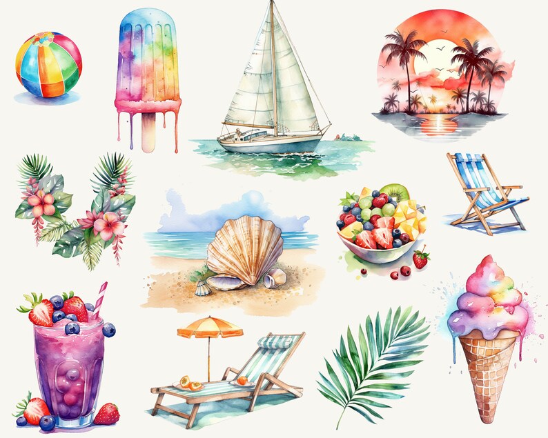 Summer Watercolor Clipart Bundle, 35 Pngs, Beach, Summer Graphics, Clip ...