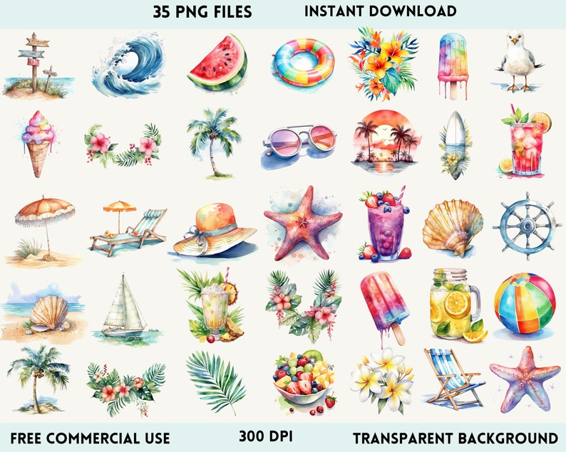 Summer Watercolor Clipart Bundle, 35 Pngs, Beach, Summer Graphics, Clip ...