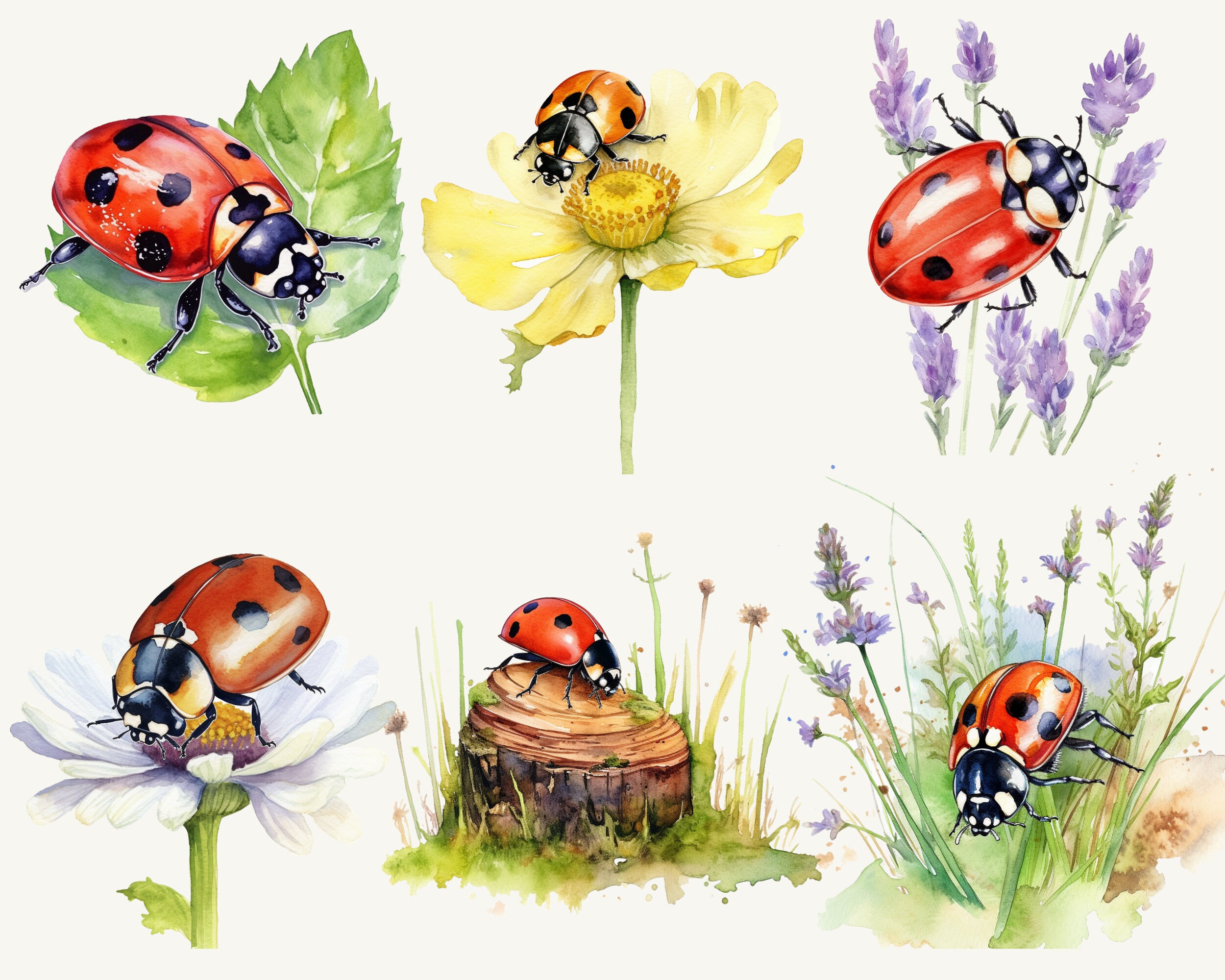 Ladybug Garden Watercolor Clipart Bundle, 30 Pngs, Lady Bug and Flowers ...