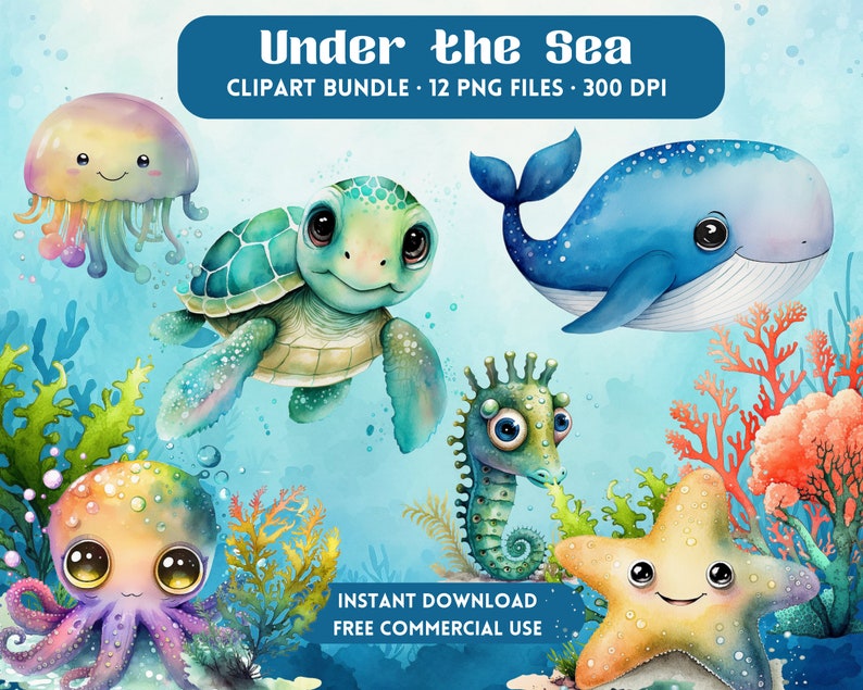 Sea Animals Watercolor Clipart Bundle, 12 Pngs, Transparent Background ...