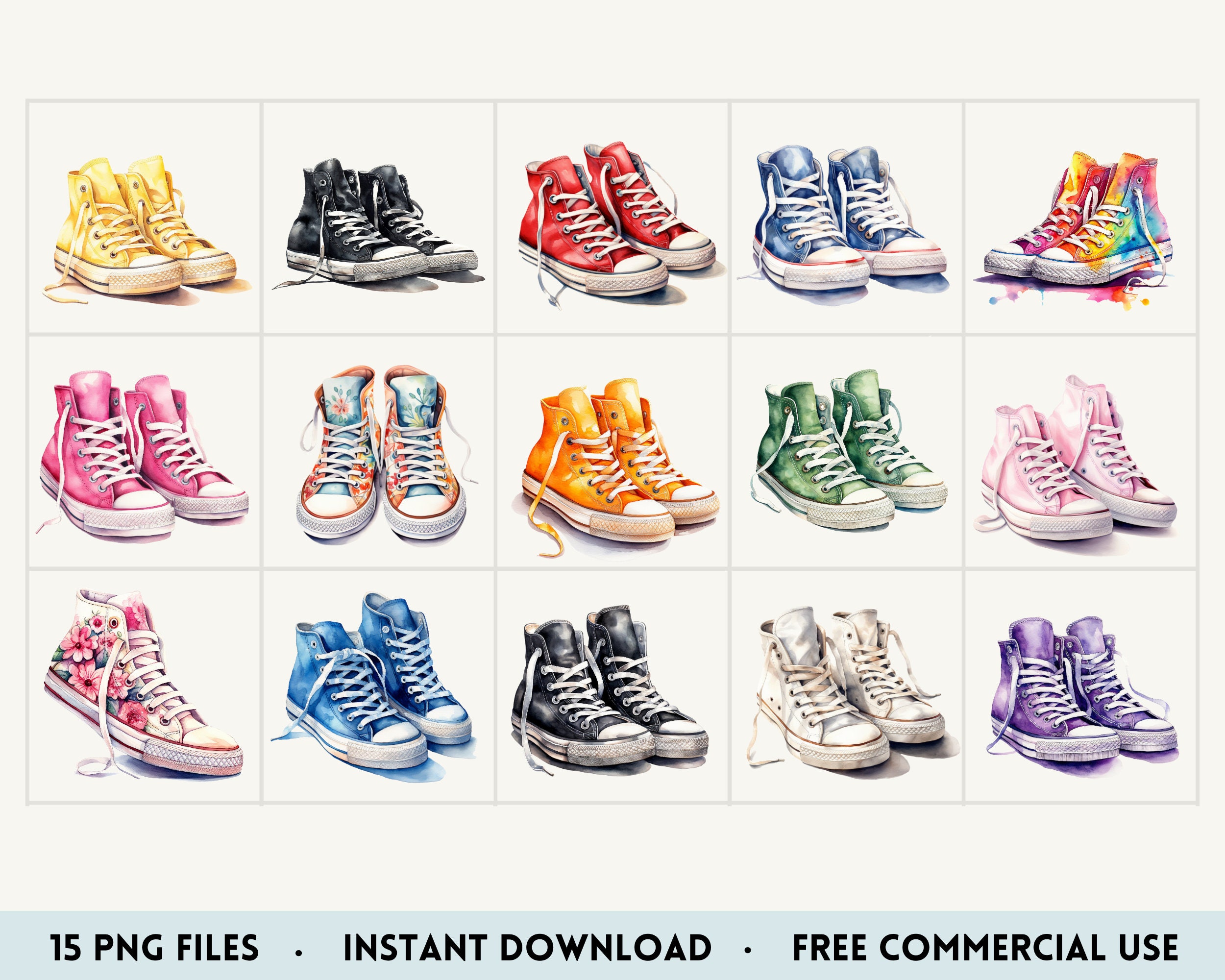 Hightop Sneakers Clipart Bundle, 15 Pngs, Transparent Background ...