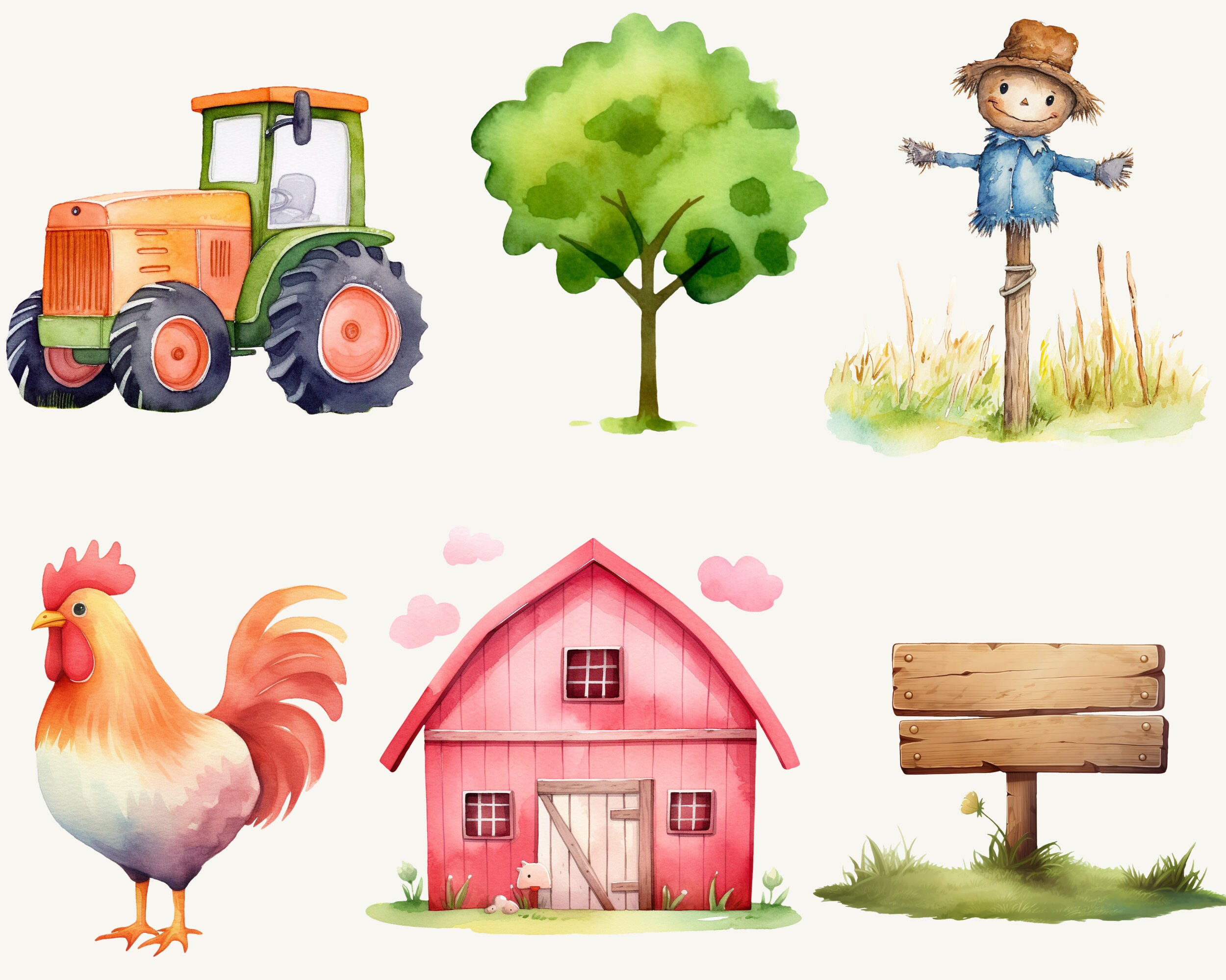 On the Farm Watercolor Clipart Bundle, 18 Pngs, Farm Animals, Kids ...