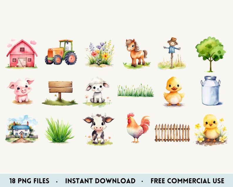 On the Farm Watercolor Clipart Bundle, 18 Pngs, Farm Animals, Kids ...