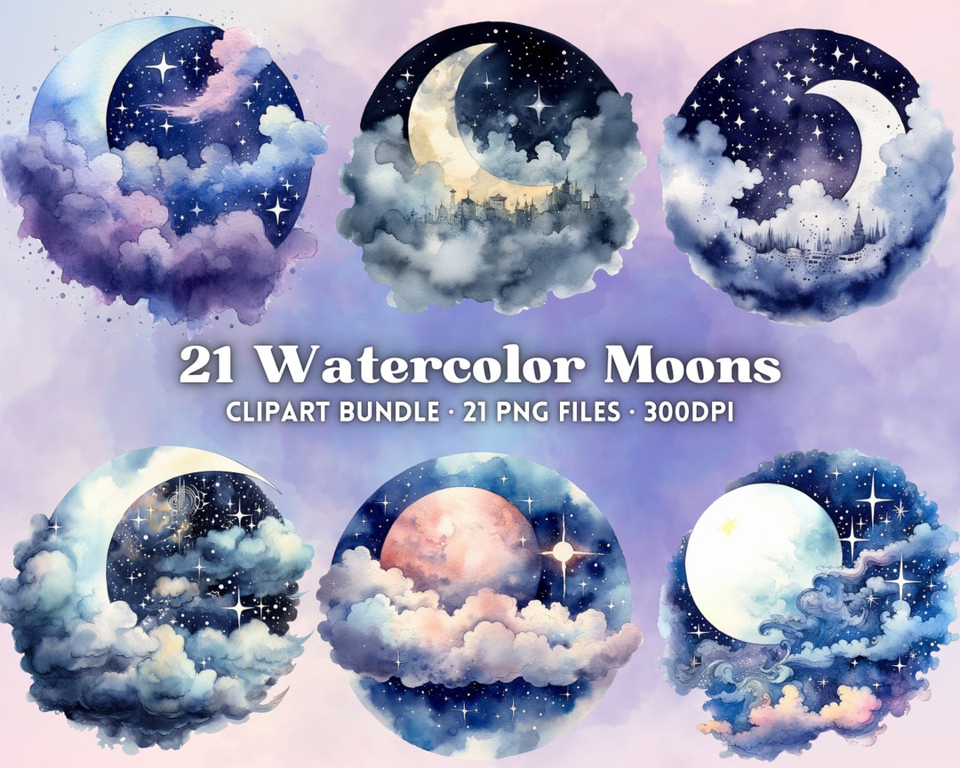 21 Watercolor Moons Clipart Bundle 21 Pngs Celestial Clip - Etsy
