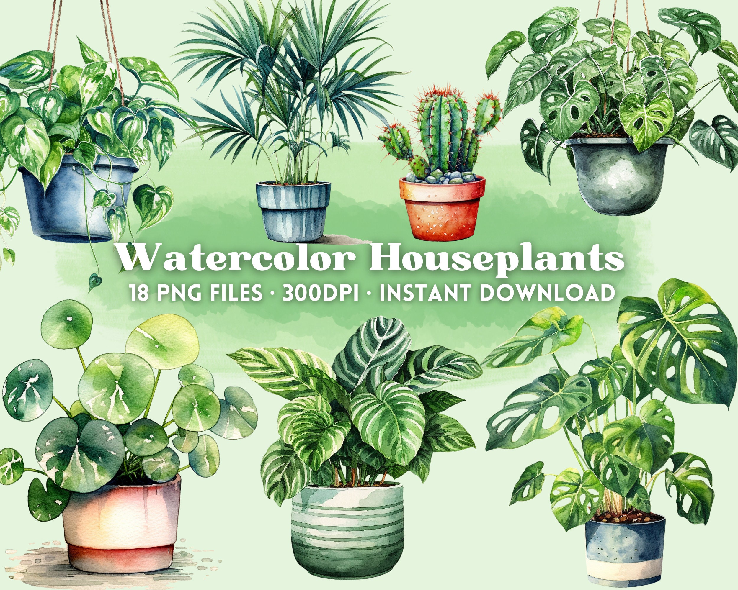 Watercolor Houseplants Clipart Bundle, 18 Pngs, Transparent Background ...