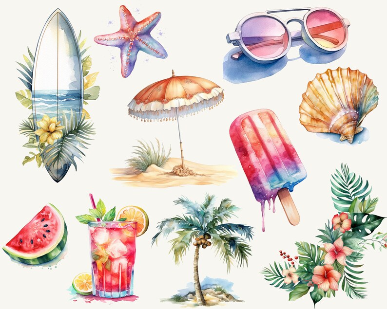 Summer Watercolor Clipart Bundle, 35 Pngs, Beach, Summer Graphics, Clip ...
