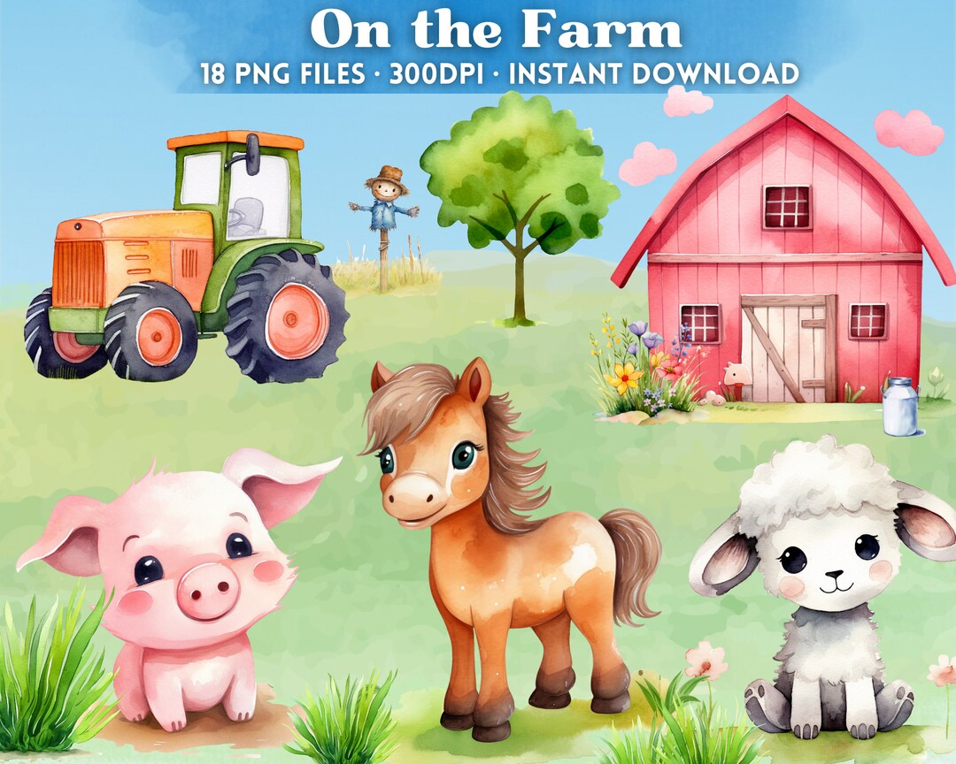 On the Farm Watercolor Clipart Bundle, 18 Pngs, Farm Animals, Kids ...