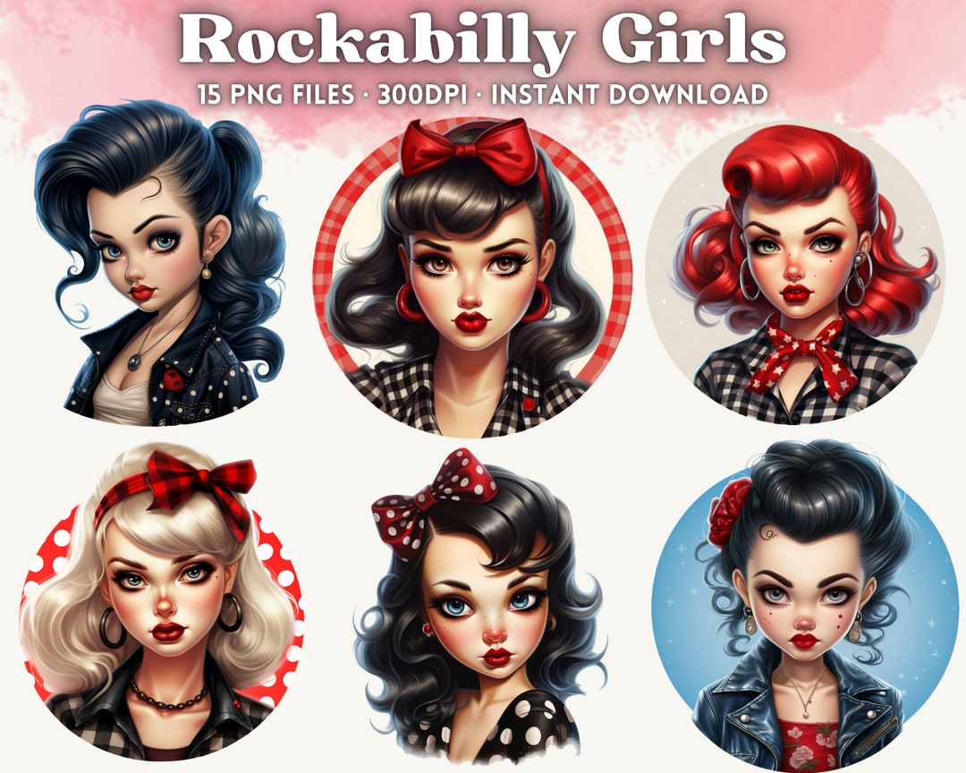 Rockabilly Girls Clipart Bundle, 15 PNG, Watercolor, Junk Journal ...