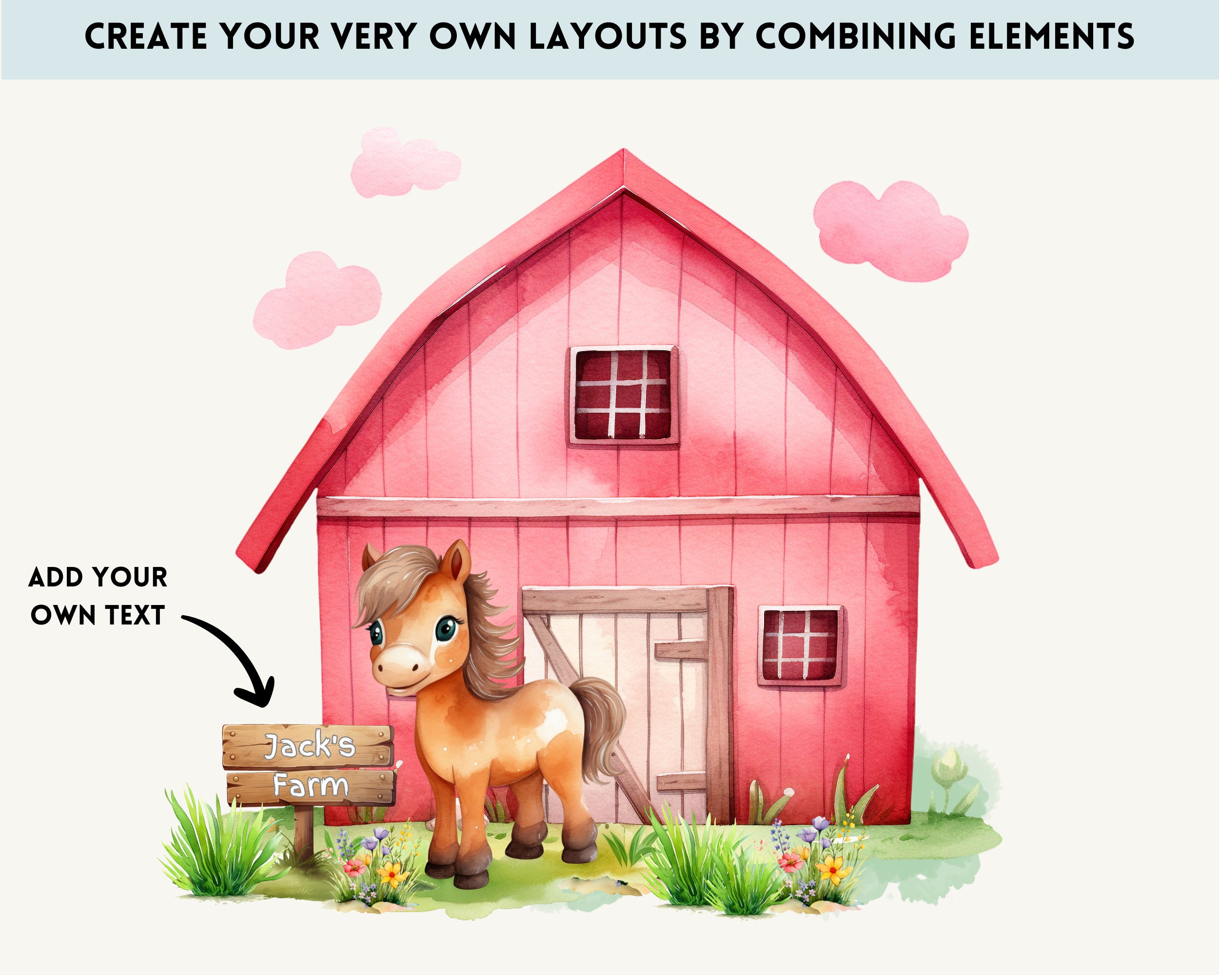 On the Farm Watercolor Clipart Bundle, 18 Pngs, Farm Animals, Kids ...