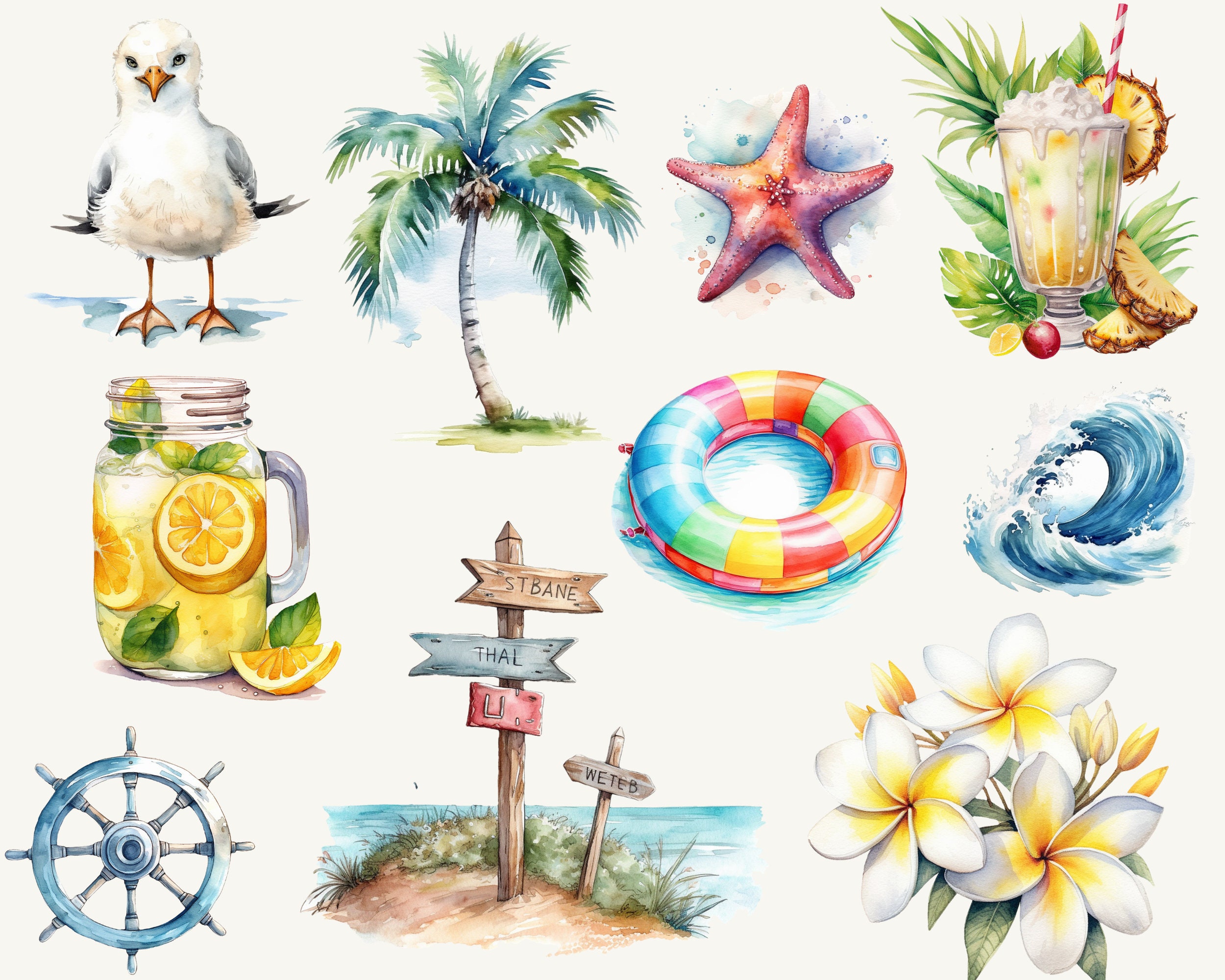 Summer Watercolor Clipart Bundle, 35 Pngs, Beach, Summer Graphics, Clip ...