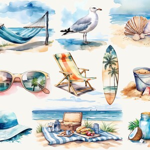 Beach Watercolor Clipart Bundle, 20 Pngs, Beach, Summer Graphics, Clip ...