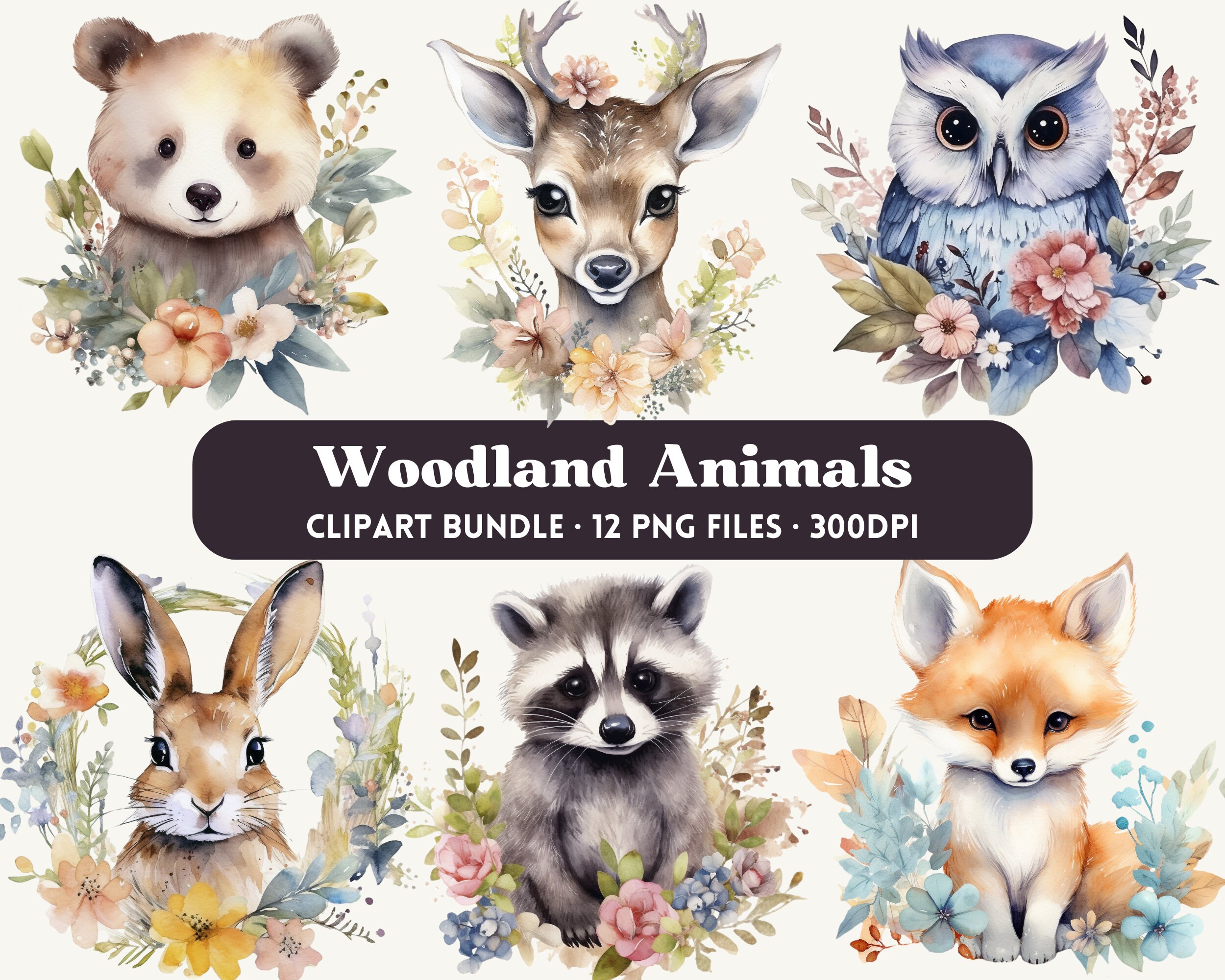 Woodland Animals Watercolor Clipart Bundle 12 Pngs - Etsy