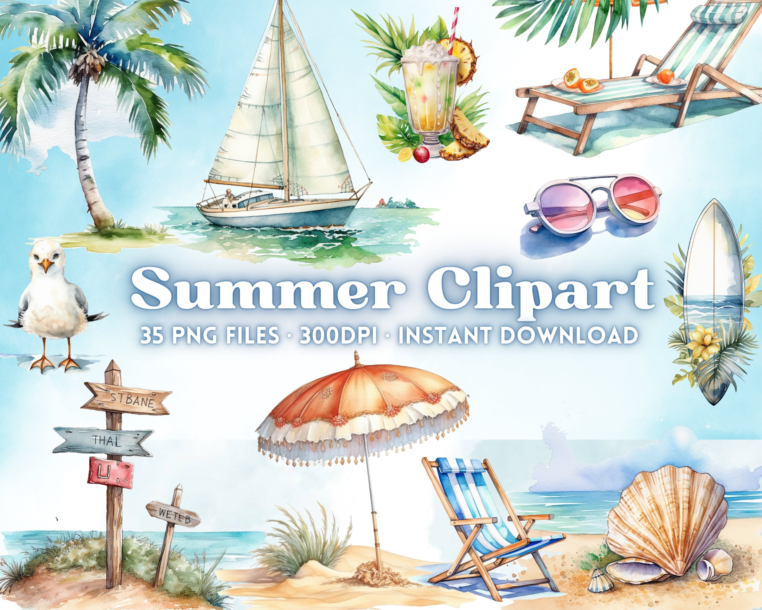Summer Watercolor Clipart Bundle, 35 Pngs, Beach, Summer Graphics, Clip ...