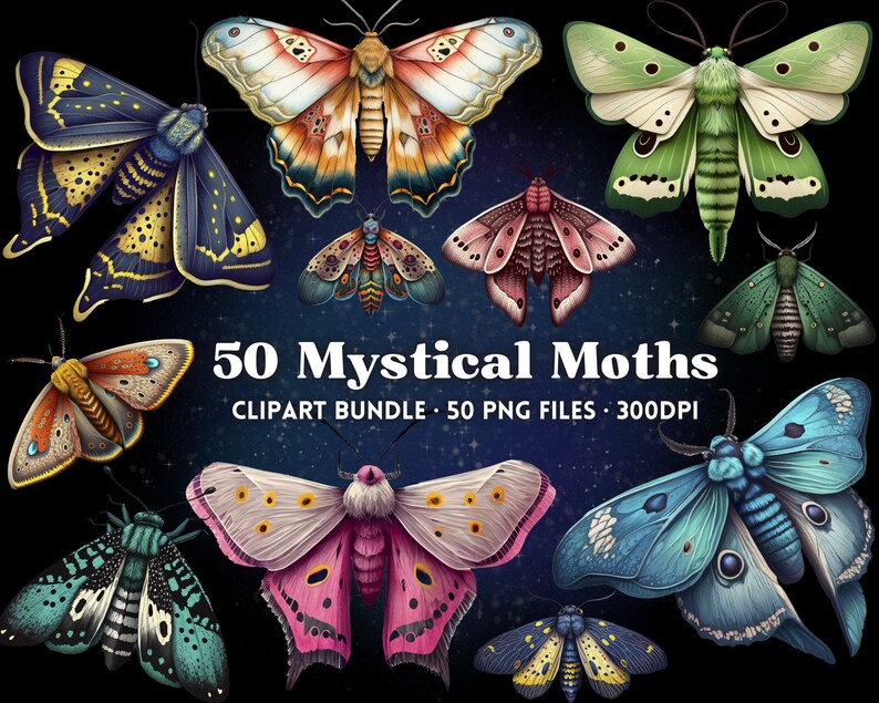 50 Mystical Moths Clipart Bundle, 50 Pngs, Transparent Background ...