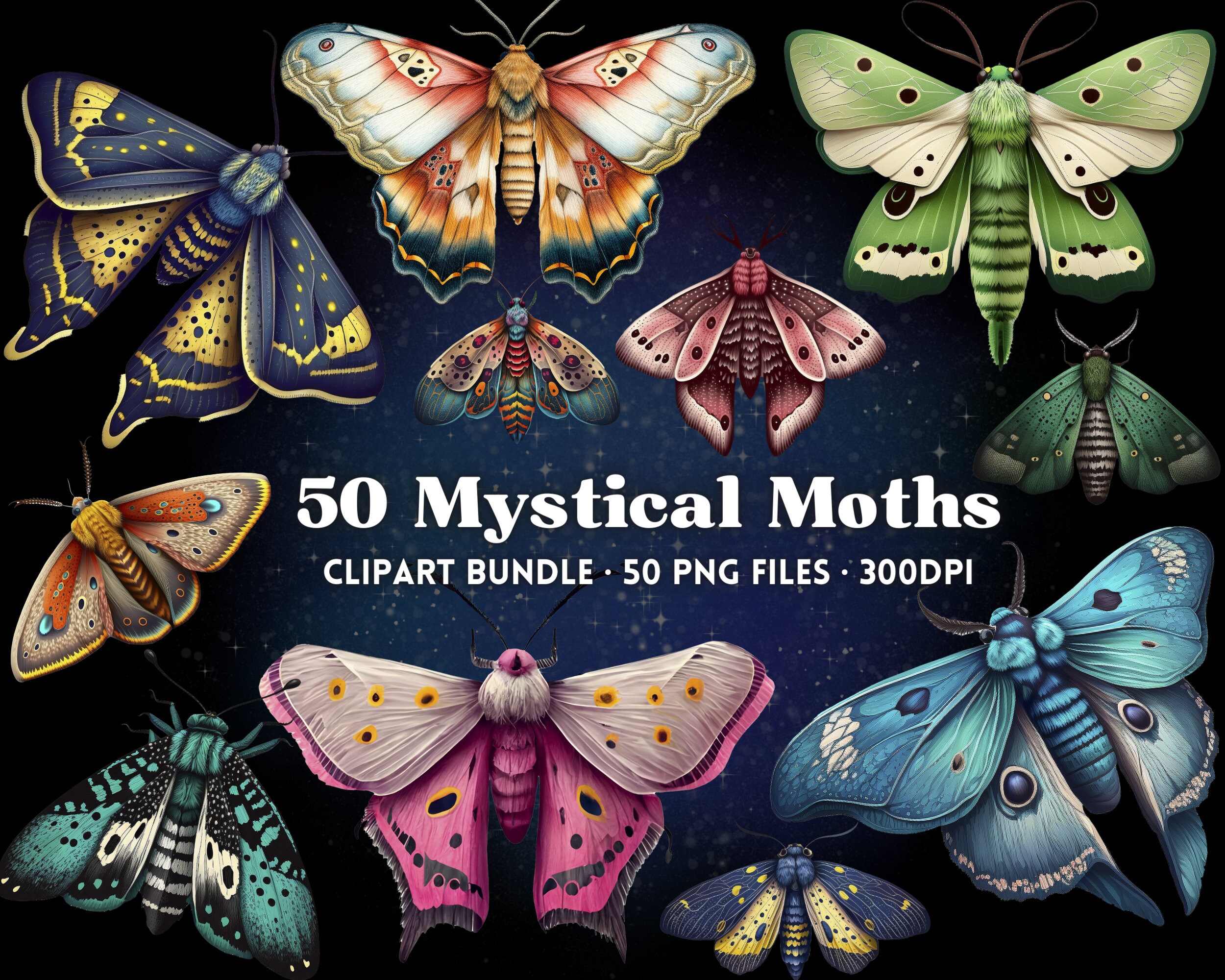 50 Mystical Moths Clipart Bundle, 50 Pngs, Transparent Background ...