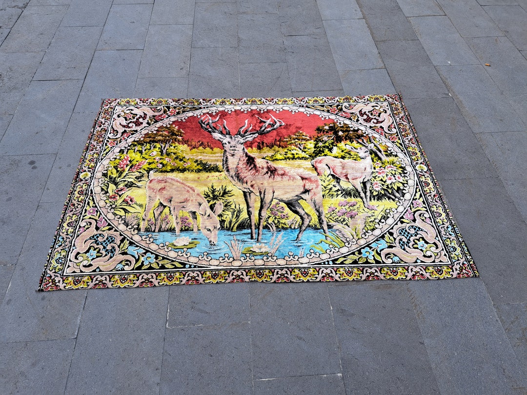 Vintage Moroccan Velvet Wall Rug: Gift Deer Scene Tapestry, 3.7 X 5.5 ...