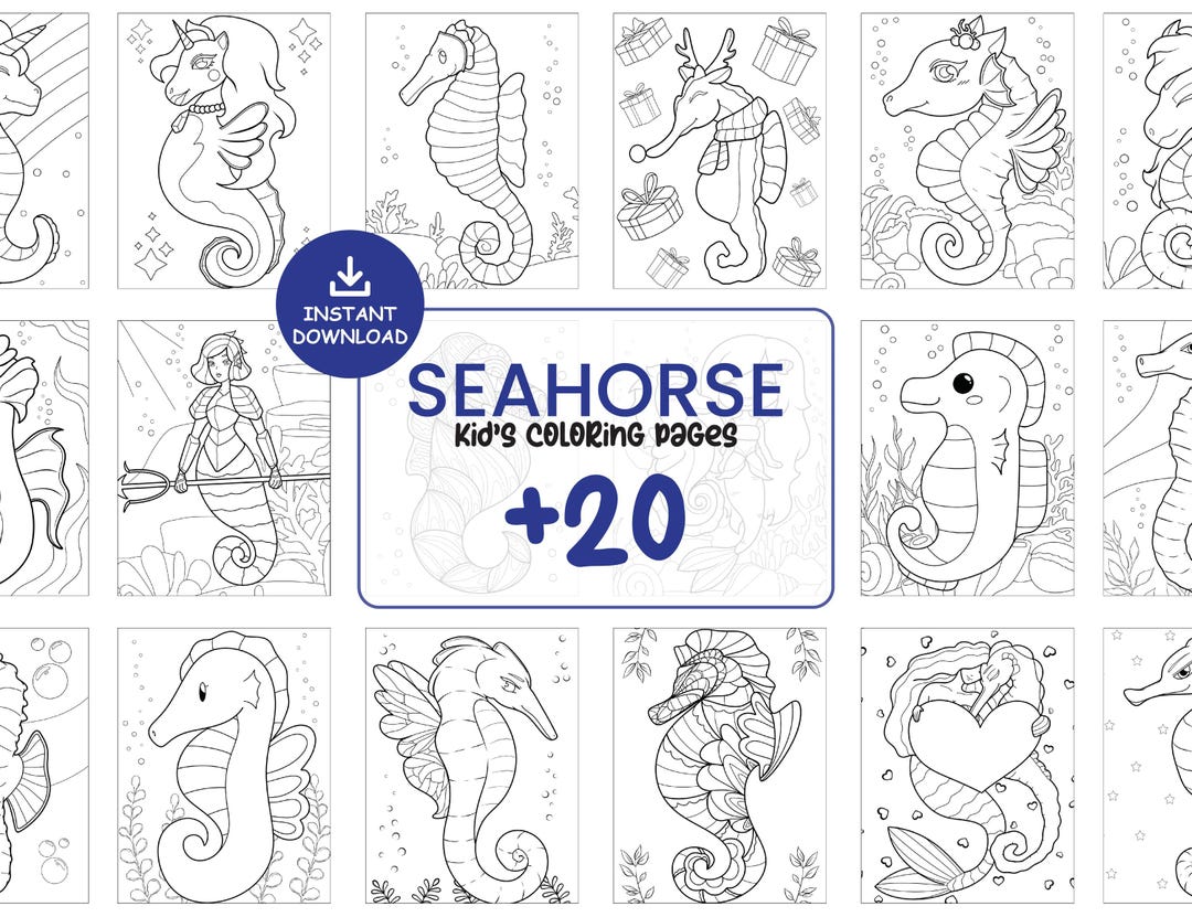 20 SEAHORSE Printable Coloring Pages for Kids, Toddler Coloring Book ...