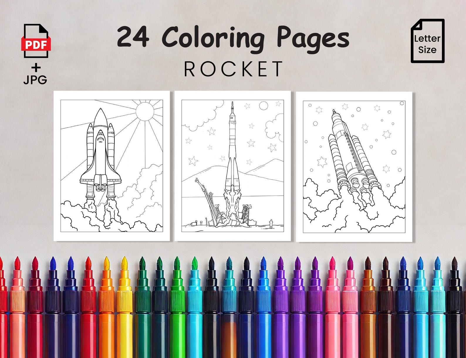 Space Rocket Coloring Pages Set, 24 Printable Rocket Designs for Kids ...