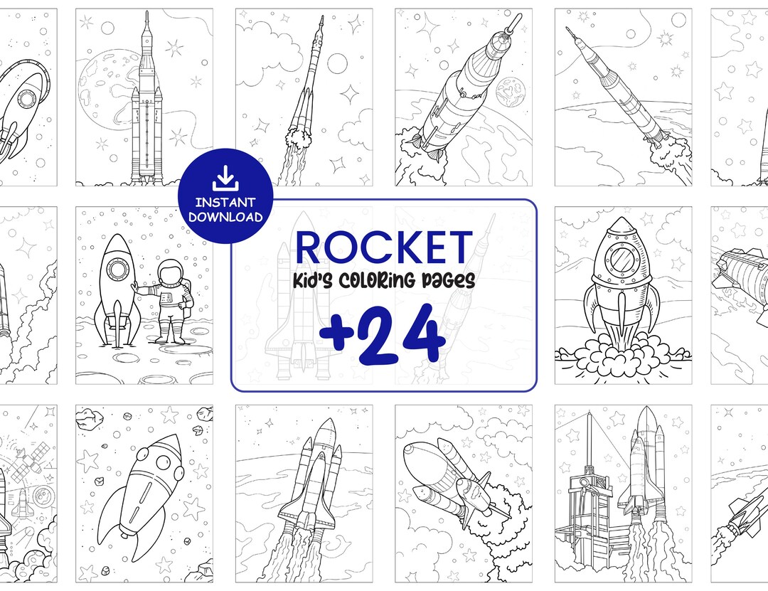 Space Rocket Coloring Pages Set, 24 Printable Rocket Designs for Kids ...