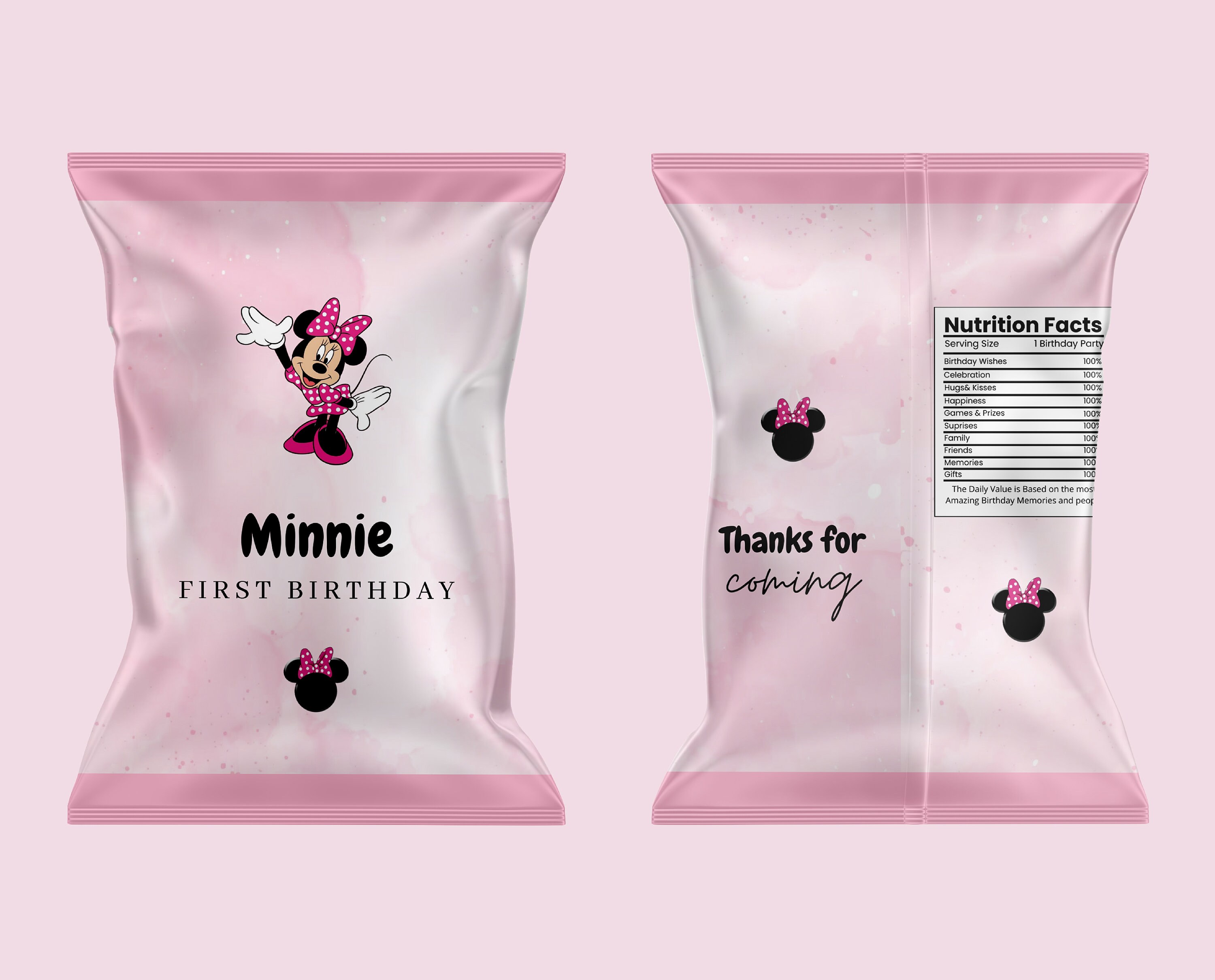 Editable Minnie Mouse Girl Birthday Party Chips Bag Wrapper Template ...