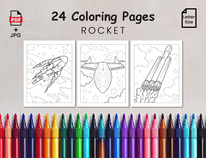 Space Rocket Coloring Pages Set, 24 Printable Rocket Designs for Kids ...