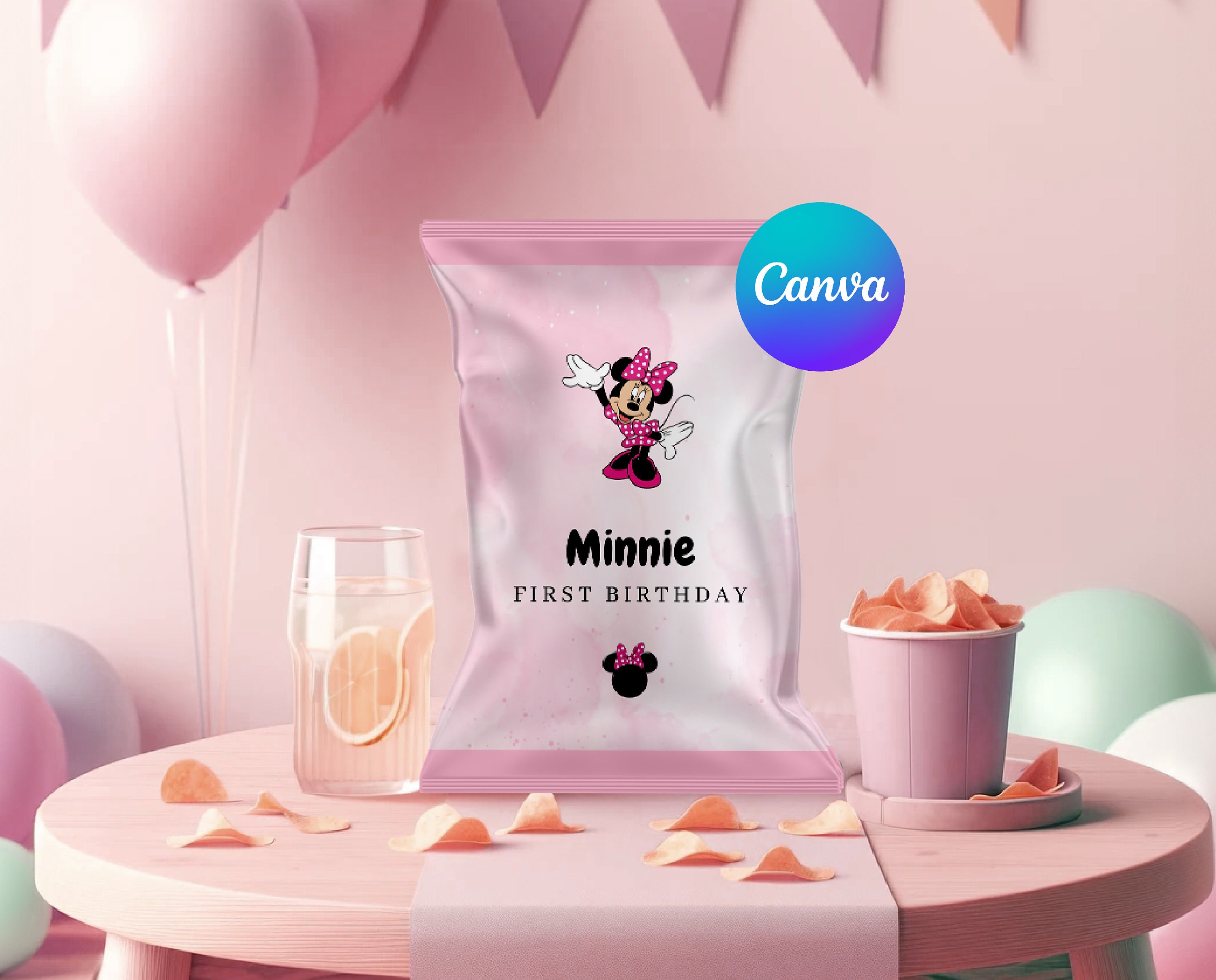 Editable Minnie Mouse Girl Birthday Party Chips Bag Wrapper Template ...