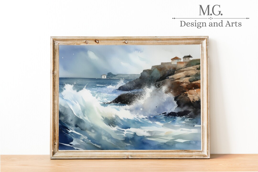 Antique Coastal Watercolor Painting | Storm at Sea | Coastal Decor ...