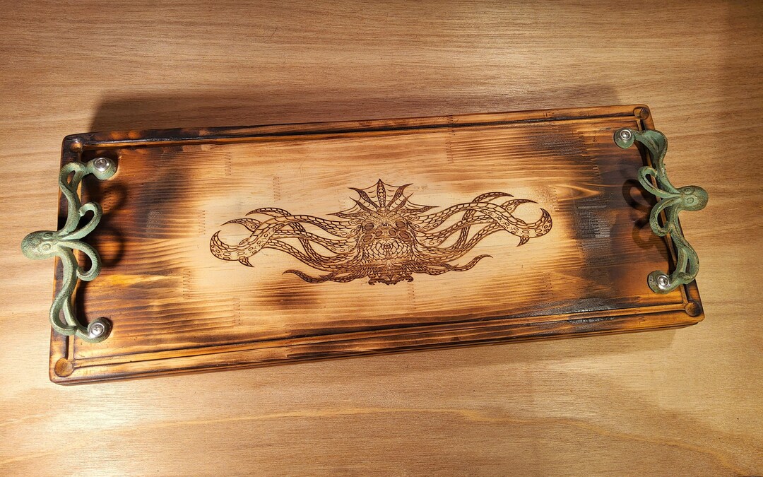 Laser Engraved Torched Wooden Cthulhu Serving Tray Green Octopus Patina ...