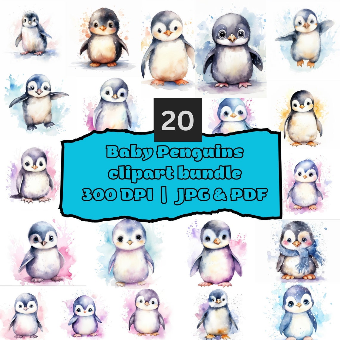 Penguin Baby Clipart Bundle, Printable Watercolor Clipart, 20 High ...