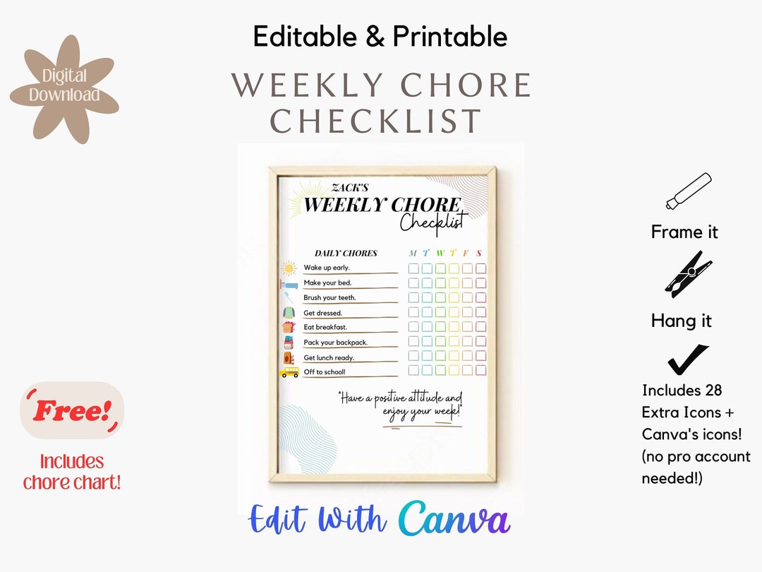 Weekly Chore Checklist + FREE Cleaning Chart, Kids Routine Chart ...