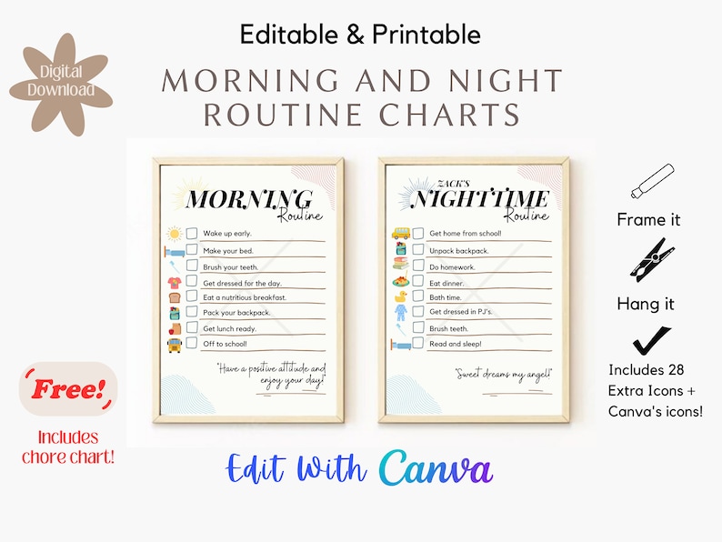 Morning and Night Routine Chart + FREE Chore Chart, Kids Routine Chart ...